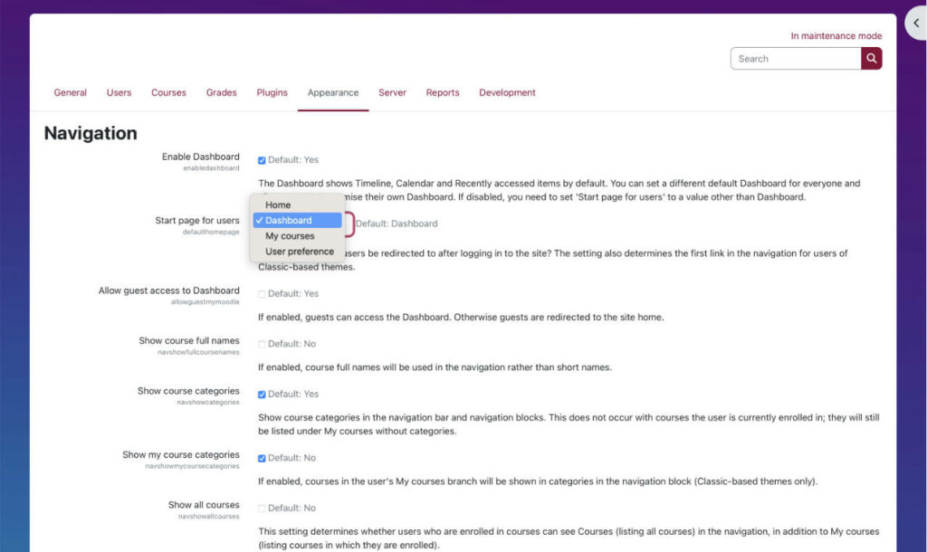 How to set Moodle’s default Start page to Home, Dashboard, My courses or User preference ...