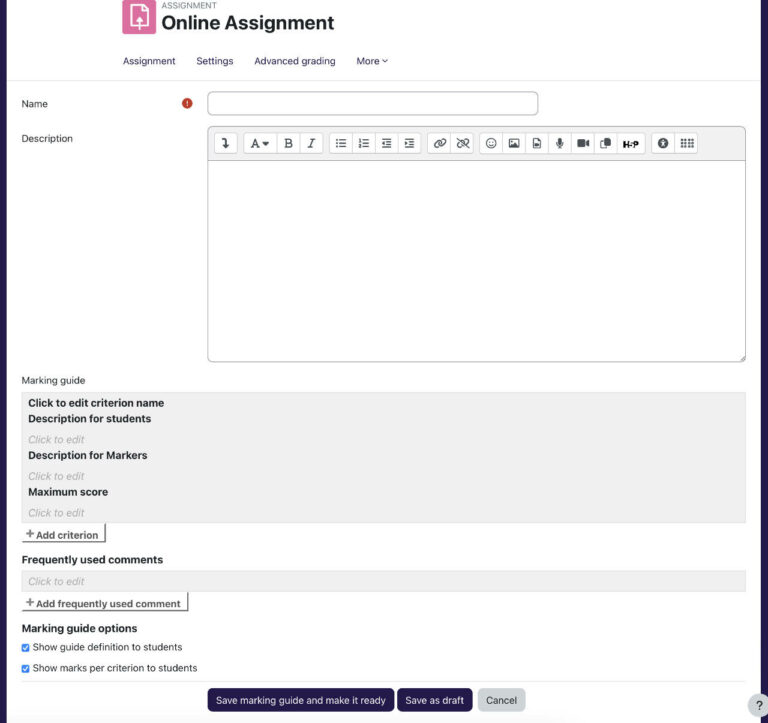 How To Use Advanced Grading Custom Marking Guide Mark Scheme For Assignment In Moodle